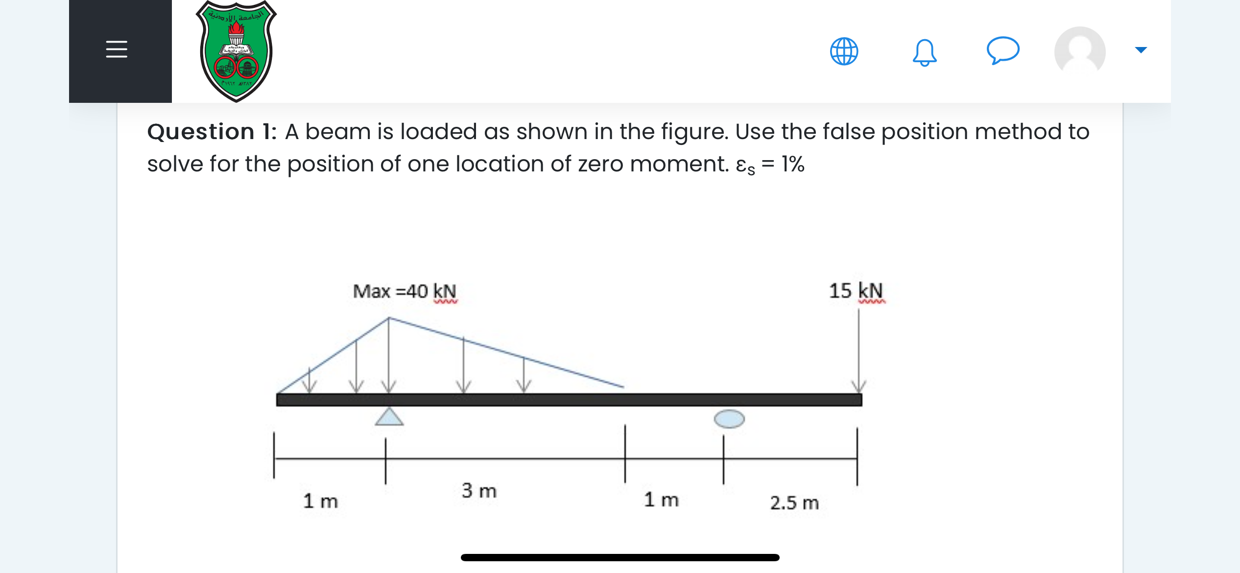 Question 1: A beam is loaded as shown in the figure. Use the false position method to solve for ...