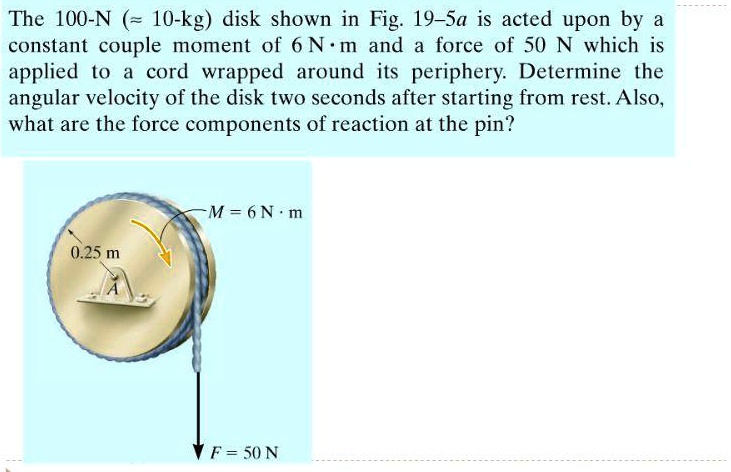 SOLVED: The 100-N (10-kg) disk shown in Fig: 19-Sa is acted upon by a constant couple moment of ...