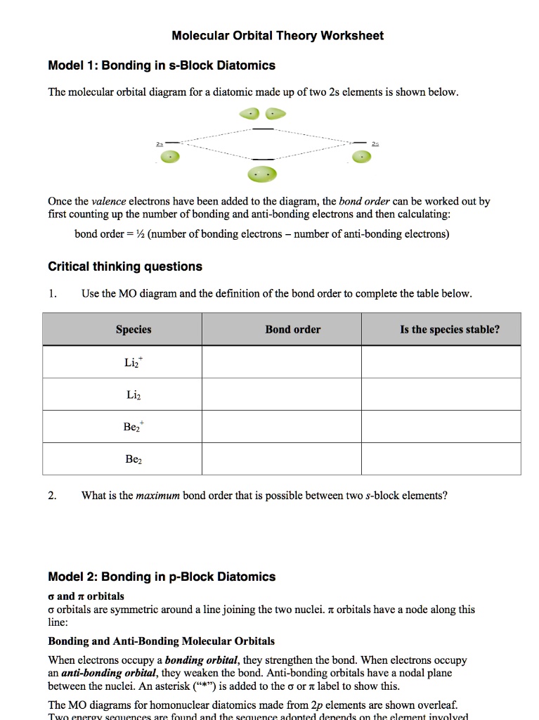 molecular orbital theory worksheet model 1 bonding in s block diatomics ...