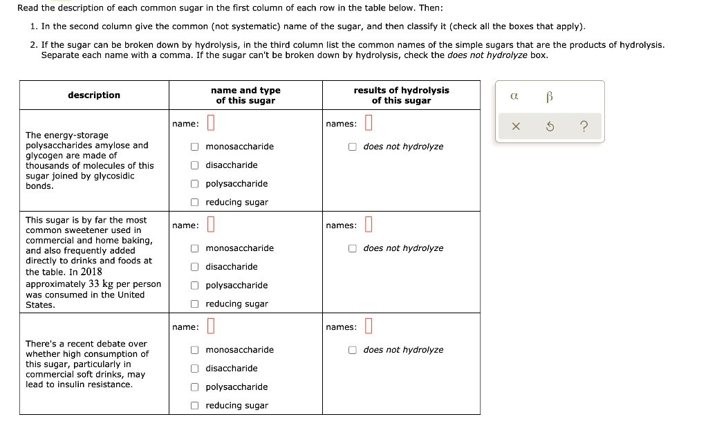 read the description of each common sugar the first column of each row ...