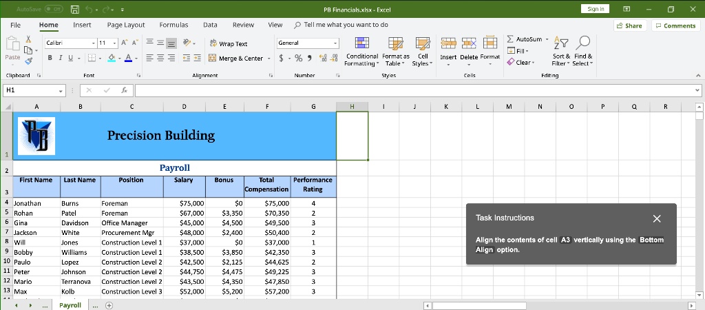 SOLVED: Excel - Align the contents Ot PB Financials.xlsx - Excel Sign ...