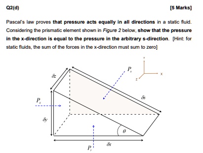 Q2(d) [5 Marks] Pascal's law proves that pressure acts equally in all directions in a static ...