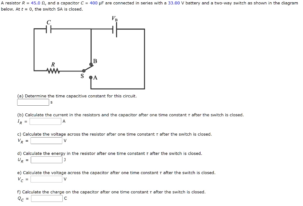 SOLVED: resistor R = 45.0 0, and capacitor C = 400 HF are connected in series with 33.00 battery ...