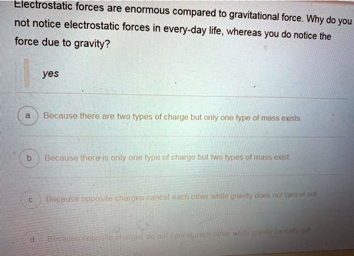 SOLVED: Electrostatic forces are enormous compared to not notice ...