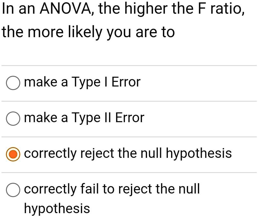 SOLVED: In an ANOVA, the higher the F ratio, the more likely you are to ...
