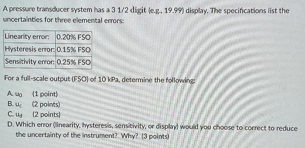 SOLVED: A pressure transducer system has a 3 1/2 digit (e.g., 19.99) display. The specifications ...