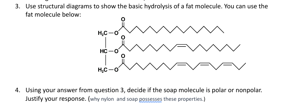 3. Use structural diagrams to show the basic hydrolysis of a fat ...
