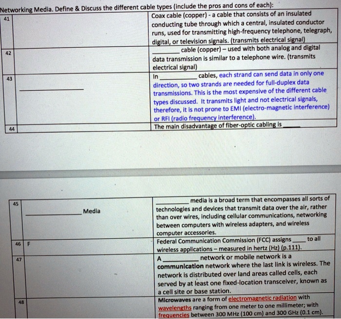 Networking Media. Define Discuss the different cable types (include the ...
