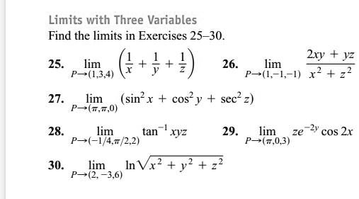 Limits with Three Variables Find the limits in Exercises 25-30. 25 ...