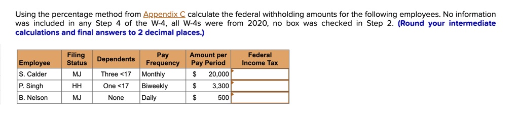 Using the percentage method from Appendix C calculate the...