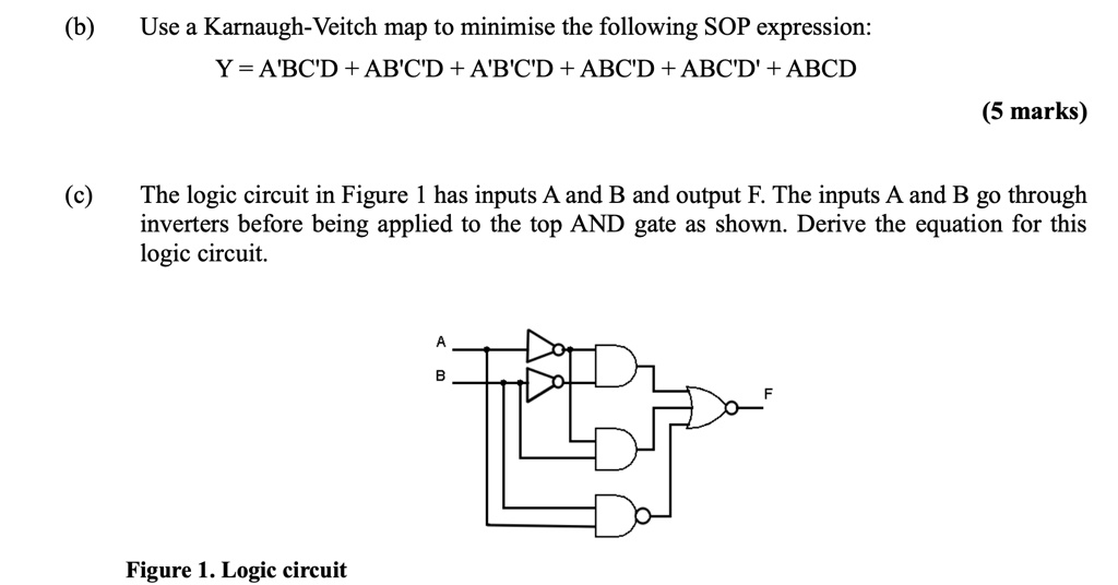 (b) Use a Karnaugh-Veitch map to minimise the following SOP expression: Y = A'BC'D + AB'C'D + A ...