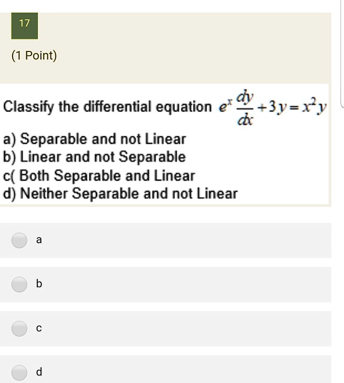 SOLVED:Point) Classify the differential equation e @ -Jyery c: a ...