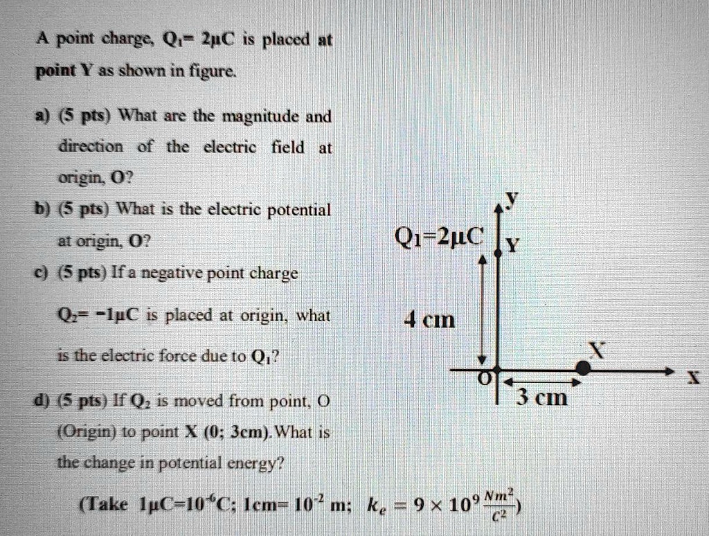 SOLVED: Text: A point charge Q1 = 2uC is placed at point Y as shown in the figure. 4) ( pts ...