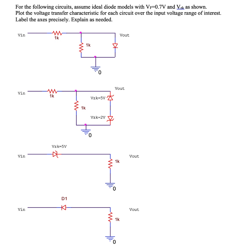 SOLVED: For the following circuits, assume ideal diode models with VF=0.7V and Yzk as shown ...