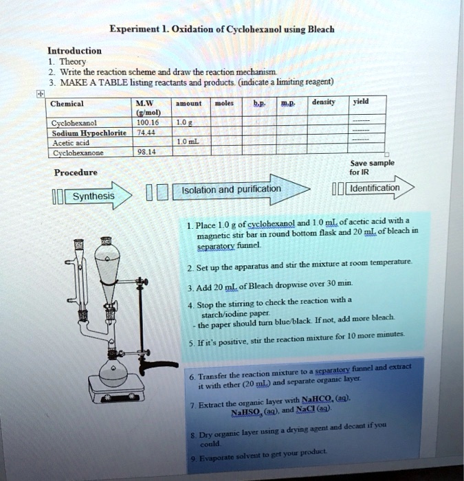 SOLVED: Experiment: Oxidation of Cyclohexanol using Bleach Introduction: Theory: Write the ...