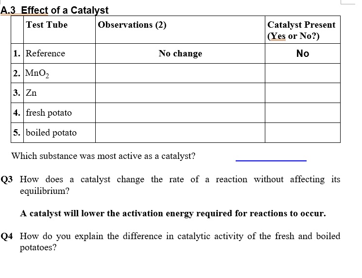 SOLVED: Text: A.3 Effect of a Catalyst Test Tube Observations (2 ...