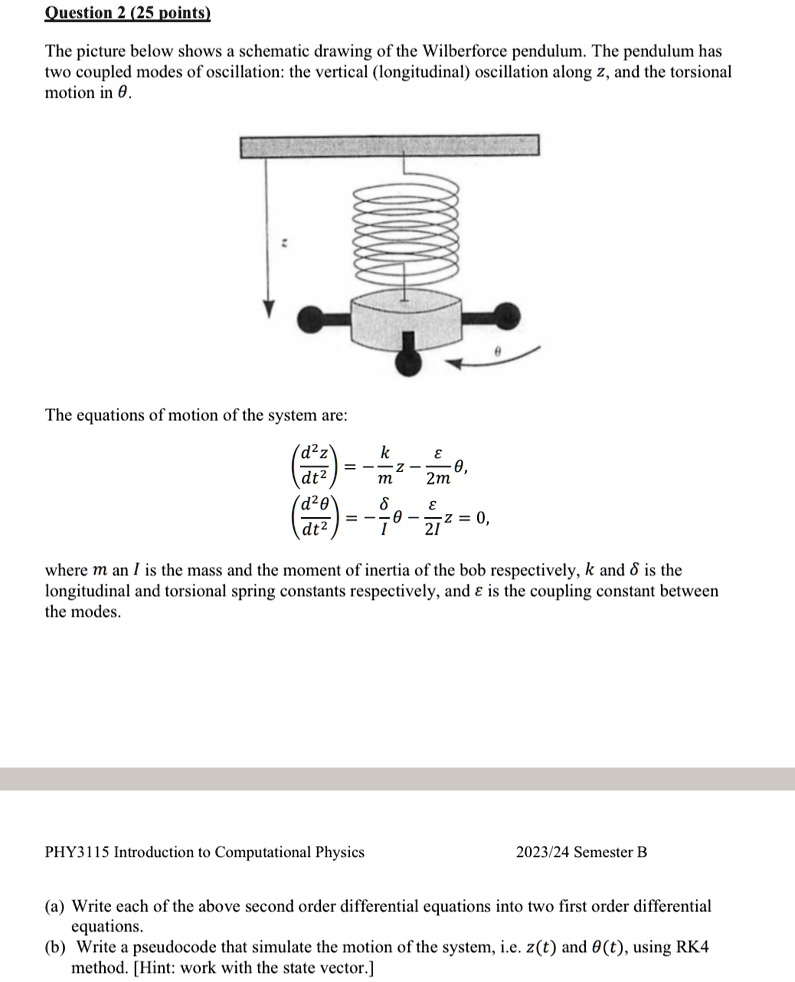 Question 2 (25 points) The picture below shows a schematic drawing of the Wilberforce pendulum ...