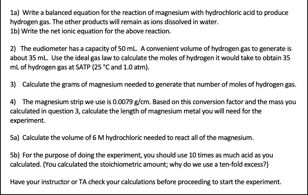 SOLVED: 1a) Write a balanced equation for the reaction of magnesium with hydrochloric acid to ...