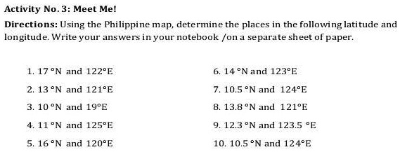SOLVED: 'using the Philippines map determine the place the following ...