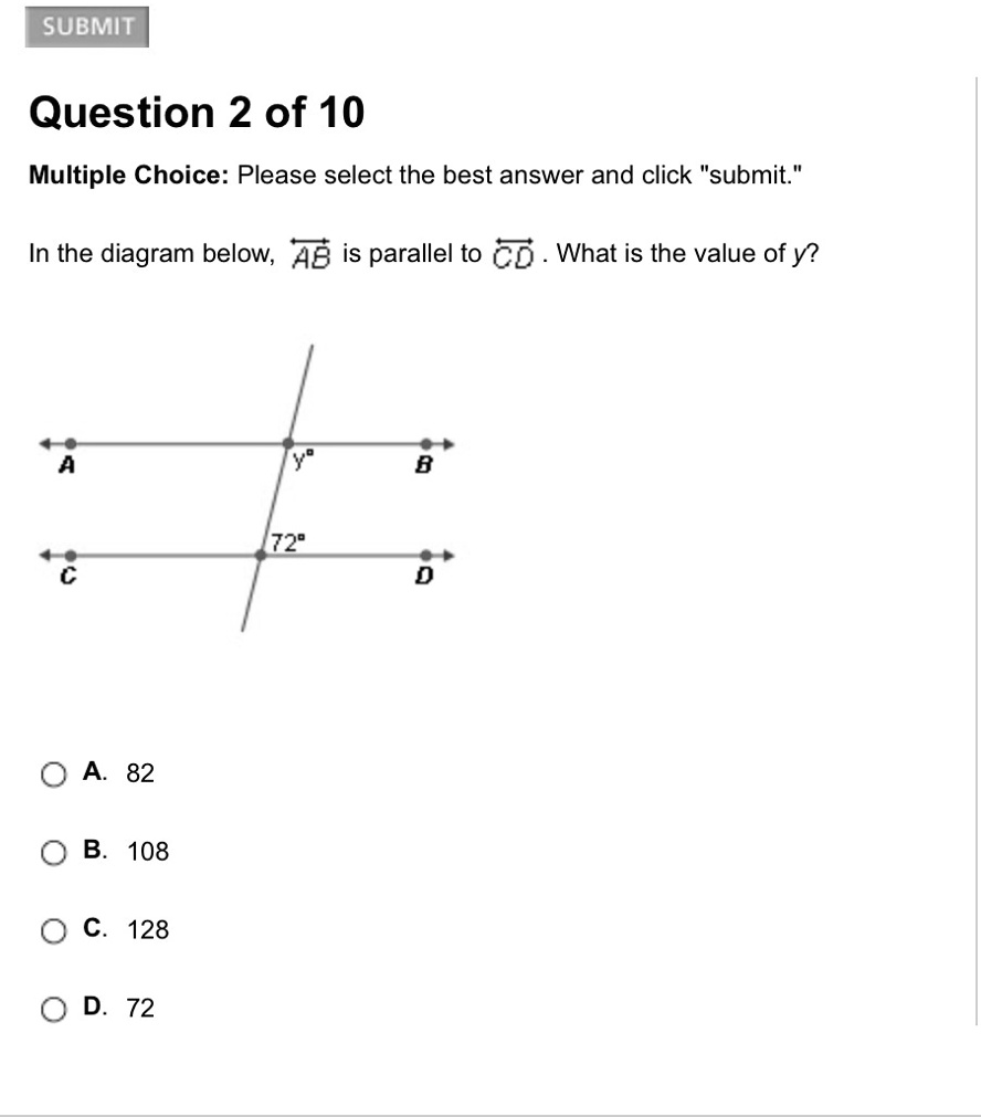 SOLVED: 'In the diagram below, AB is parallel to CD . What is the value of y? SUBMIT Question 2 ...