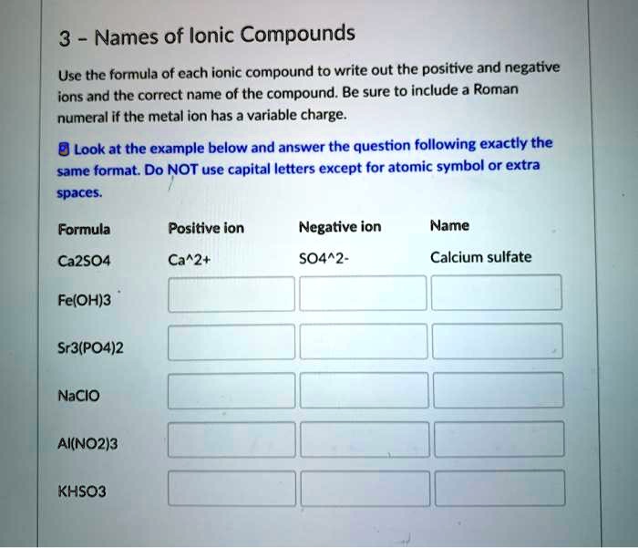 SOLVED: 3 Names of Ionic Compounds Usc thc formula of cach ionic compound to write out 5 the ...