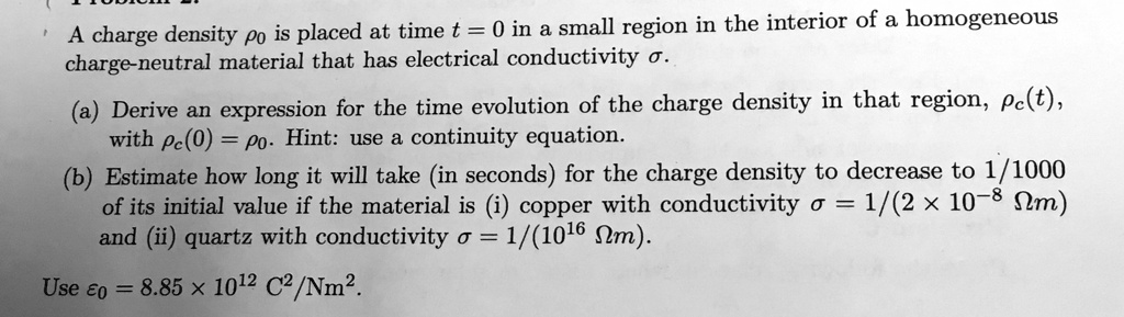 Charge density Ï is placed at time t = 0 in a small region in the ...