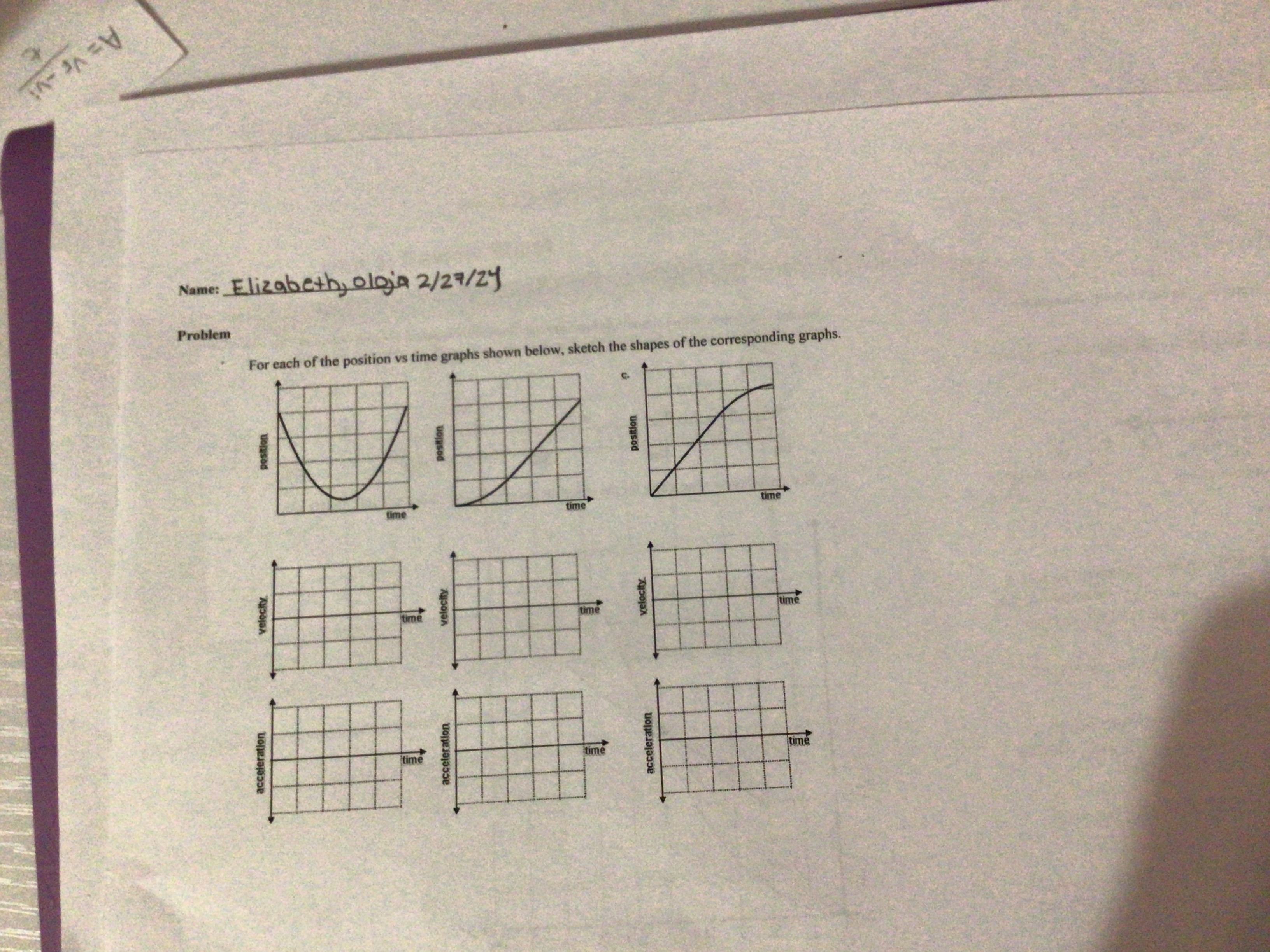 SOLVED: Name: Elizabeth, oloja 2/27/2y Problem For each of the position vs time graphs shown ...