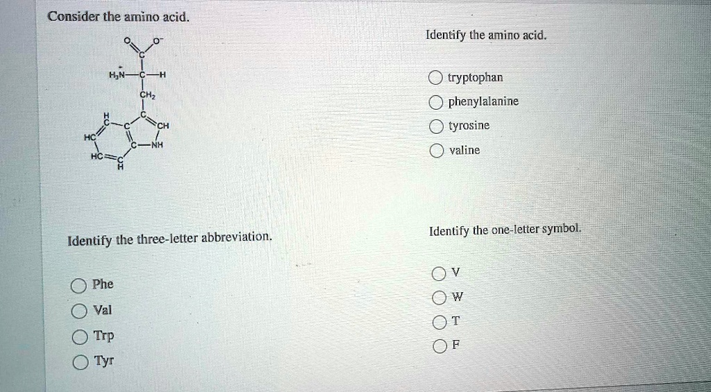 SOLVED: Consider the amino acid Identify the amino acid. HN Otryptophan ...