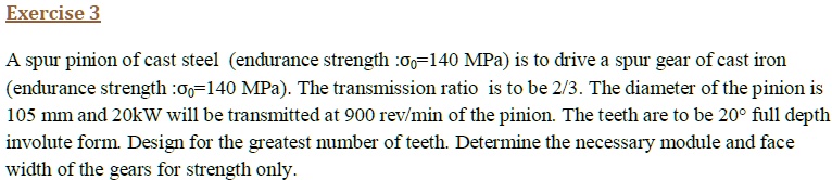 SOLVED: Exercise 3 A spur pinion of cast steel (endurance strength :0o ...