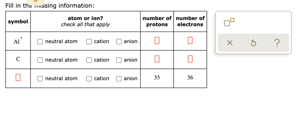 SOLVED: Fill in the ussing information: atom or ion? number of number ...