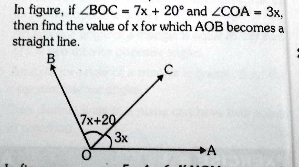 In figure, if ∠ BOC = 7x + 20^∘ and ∠ COA = 3x, then find the value of ... In figure, if ∠ BOC = 7x + 20^∘ and ∠ COA = 3x, then find the value of ...