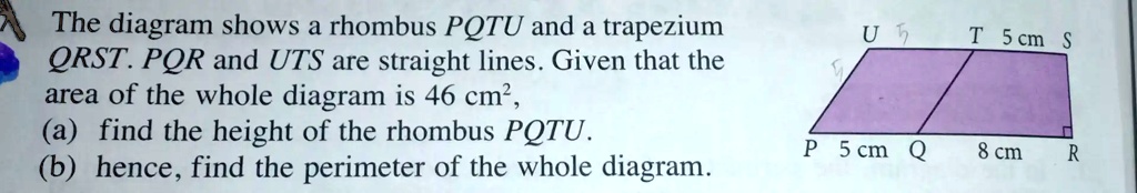 The diagram shows a rhombus PQTU and a trapezium QRST. PQR and UTS are ...