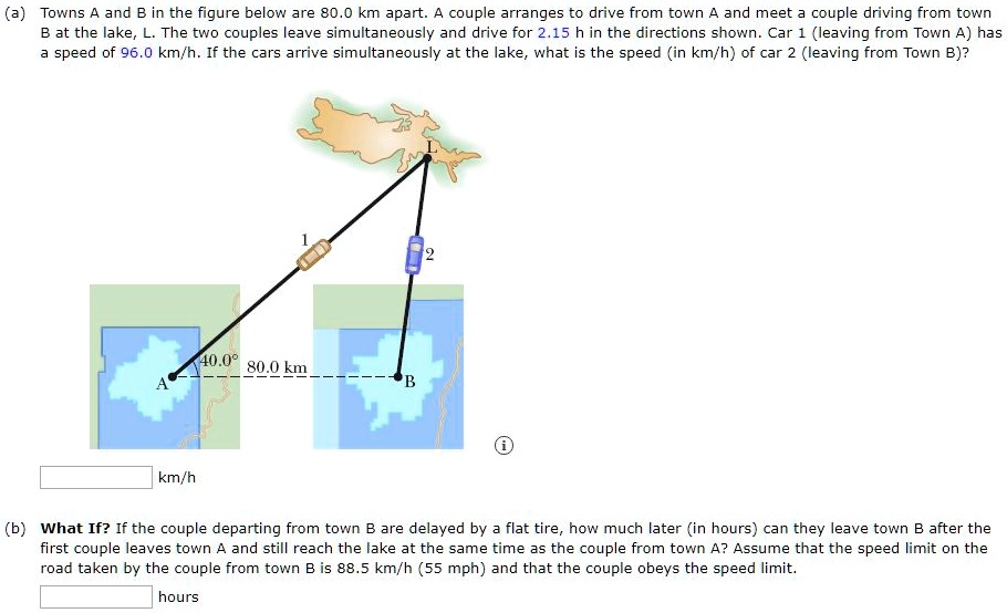 SOLVED: (2) Towns A and B in the figure below are 80.4 km apart. A ...