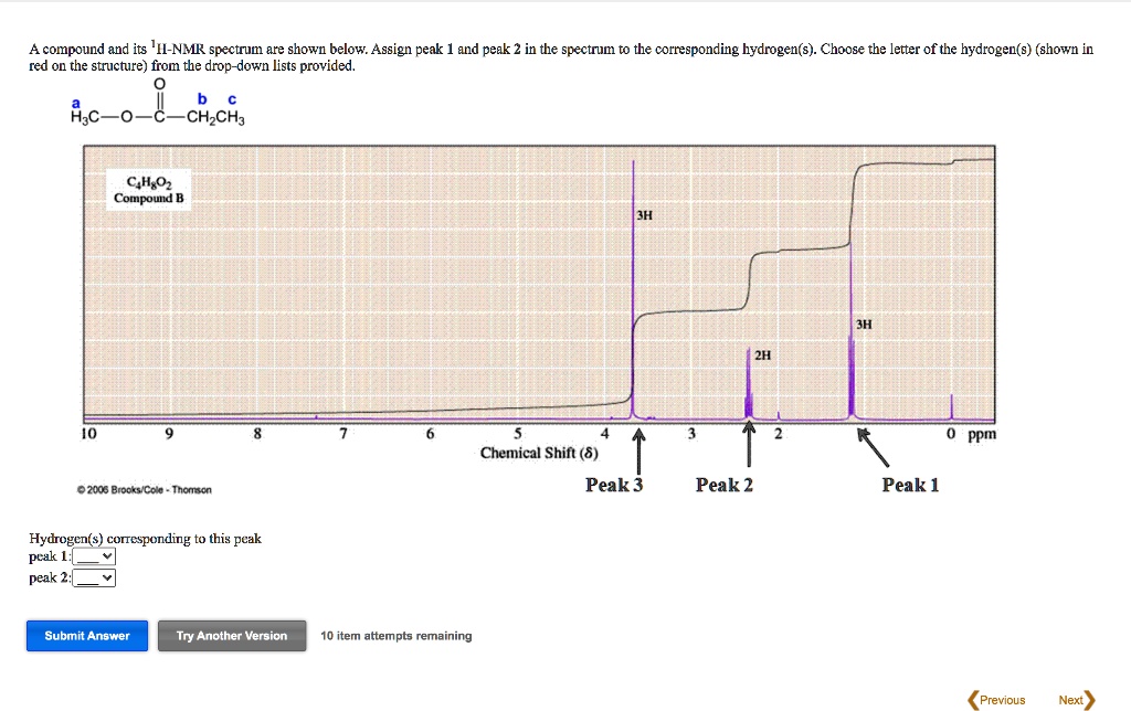 [GET ANSWER] acompound and its i nmr spectrum are shown below assign peak and peak 2 in the ...