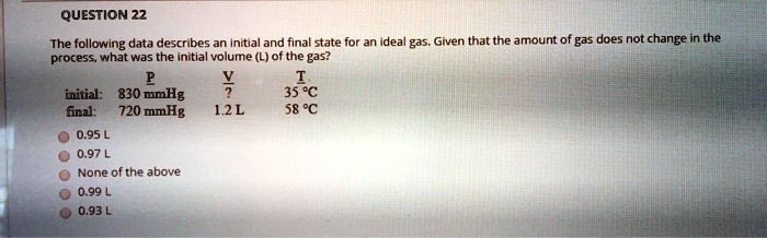 SOLVED: QUESTION 22 The following data describes an Initial and final state for an Ideal gas ...