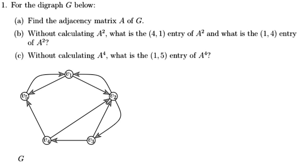 SOLVED: For the digraph G below: (a) Find the adjacency matrix A of G. (b) Without calculating ...