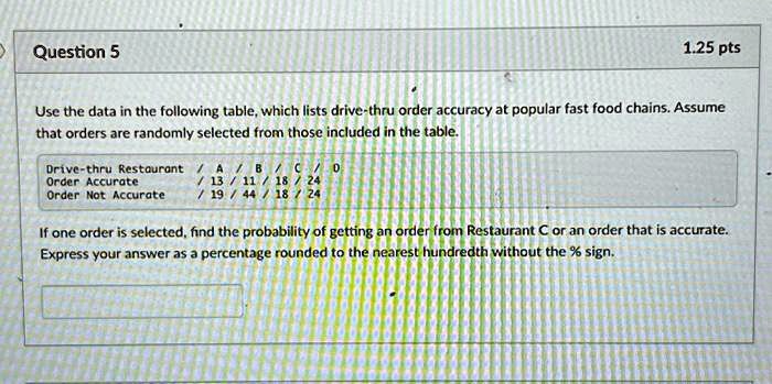 SOLVED: Use the data in the following table, which lists drive-thru ...