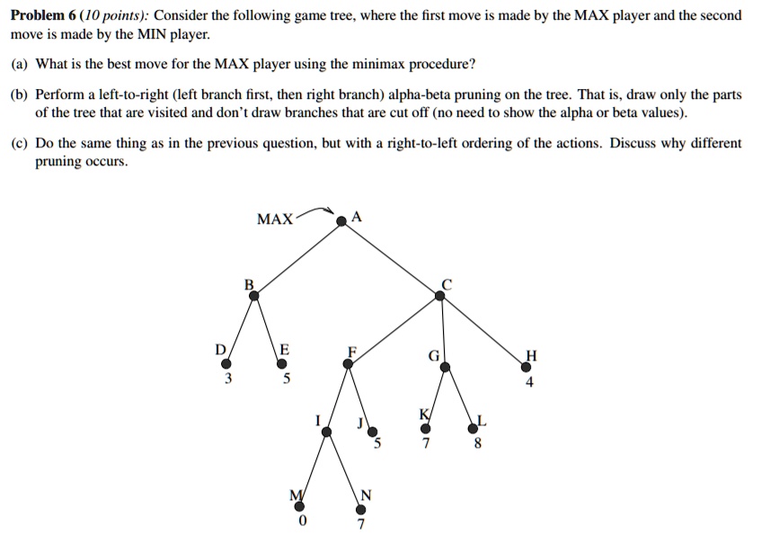 SOLVED: Problem 6 (10 points): Consider the following game tree, where the first move is made by ...