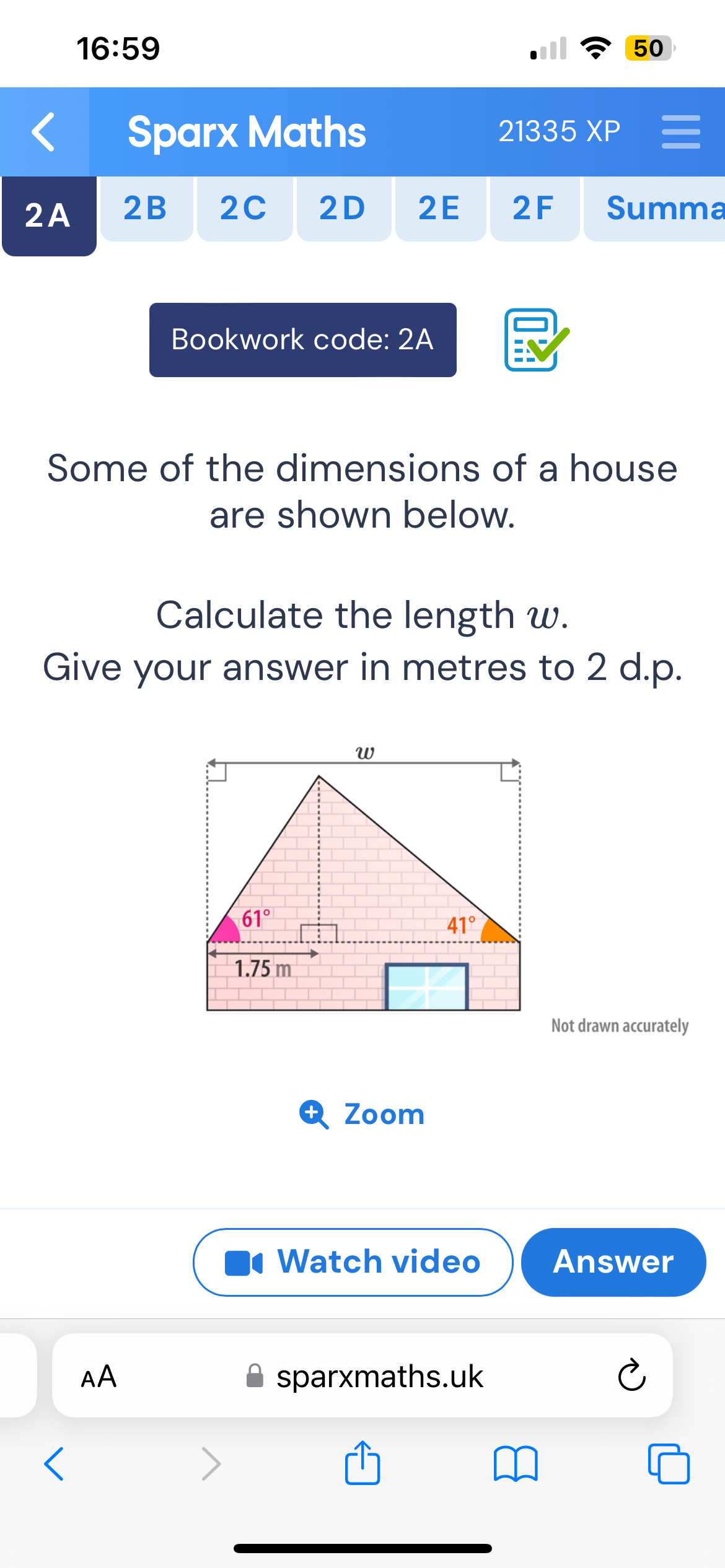 Solved: 16:59 . 1 50 2a 2b 2c 2d 2 E 21335 × P Sparx Maths Bookwork
