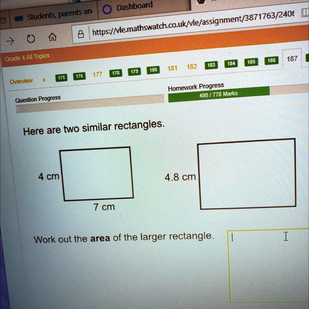here are two similar rectangles 4 cm 48 cm 7 cm work out the area of the larger rectangle oni ...
