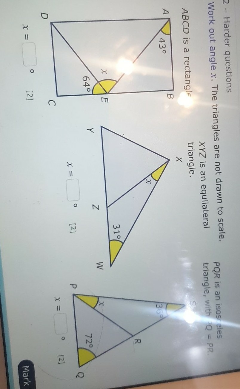SOLVED: 2 - Harder questions Work out angle x. The triangles are not drawn to scale. PQR is an ...