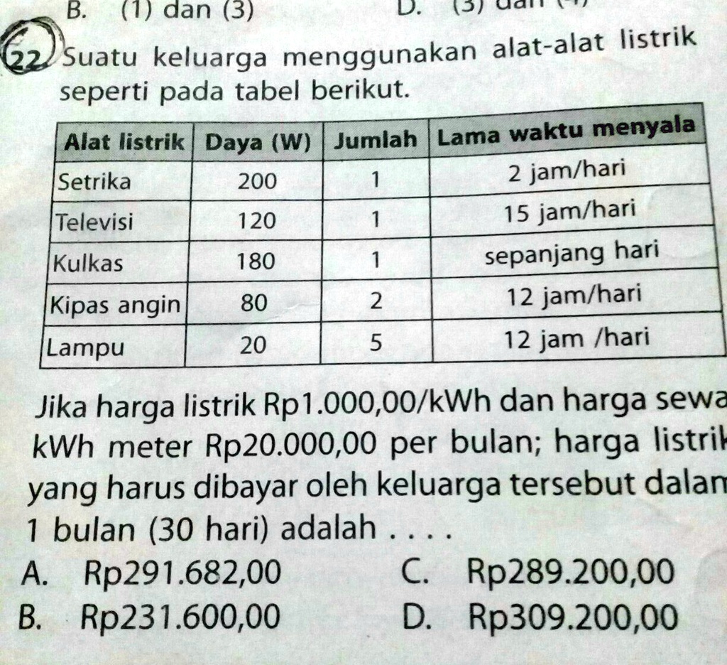 suatu keluarga menggunakan alat listrik seperti pada tabel berikut jika ...