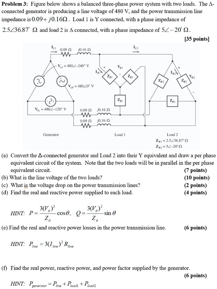SOLVED: Problem 3: The figure below shows a balanced three-phase power system with two loads ...