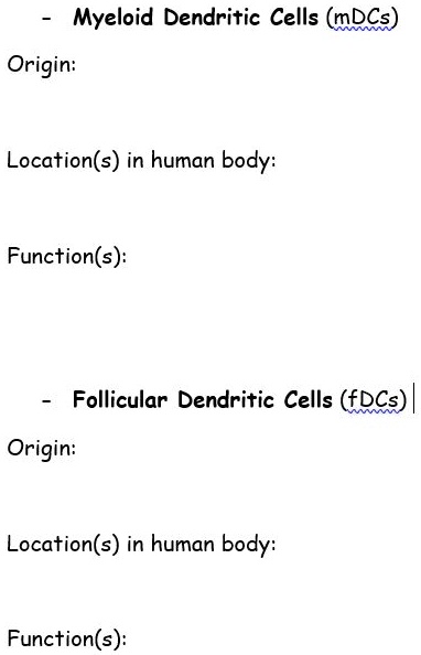 SOLVED: Myeloid Dendritic Cells (mDCs) Origin: Location(s) in the human ...