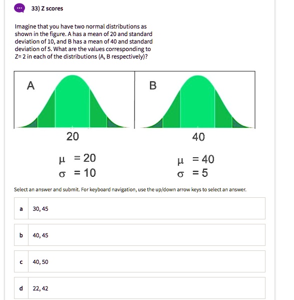 SOLVED: 33) Z scores Imagine that you have two normal distributions as ...