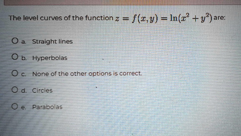 SOLVED: The level curves of the function z = f(x,y) = ln(2+y) are: a. Straight lines b ...