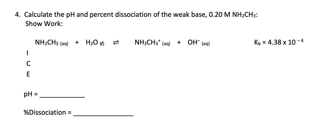 Calculate the pH and percent dissociation of the weak base, 0.20 M ...