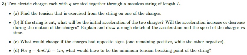 SOLVED: 3) Two electric charges, each with a massless string of length ...