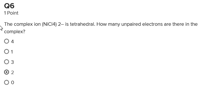 SOLVED: 06 Point The complex ion (NiCl4) 2 is tetrahedral: How many ...