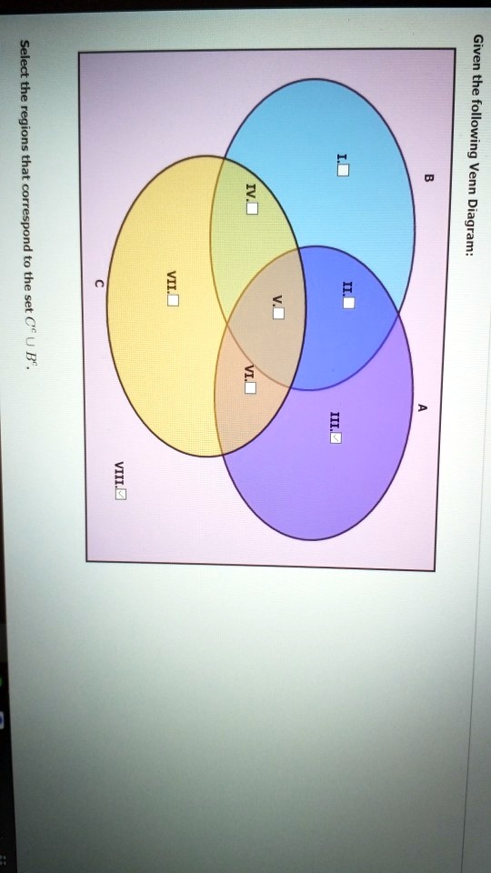 SOLVED: Given the following Venn Diagram: Select the regions that correspond the 1 VIII